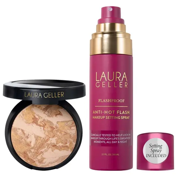 Laura Geller Beauty Balance And Brighten Color Correcting Baked Powder Foundation + Flashproof Anti-hot Flash Setting Spray Set - Medium