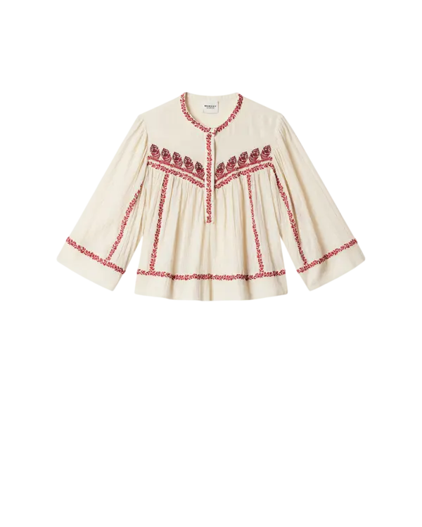 ETOILE Juline Embroidered Cotton Gauze Tunic Blouse - Beige-red
