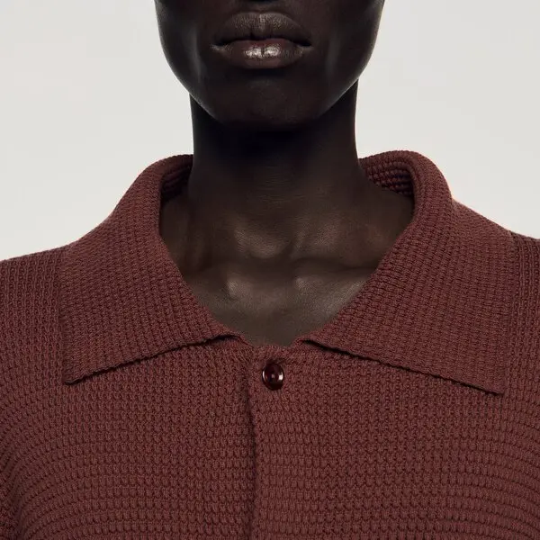 Sandro Cotton Waffle-effect Knit Shirt With Cashmere - Chocolate