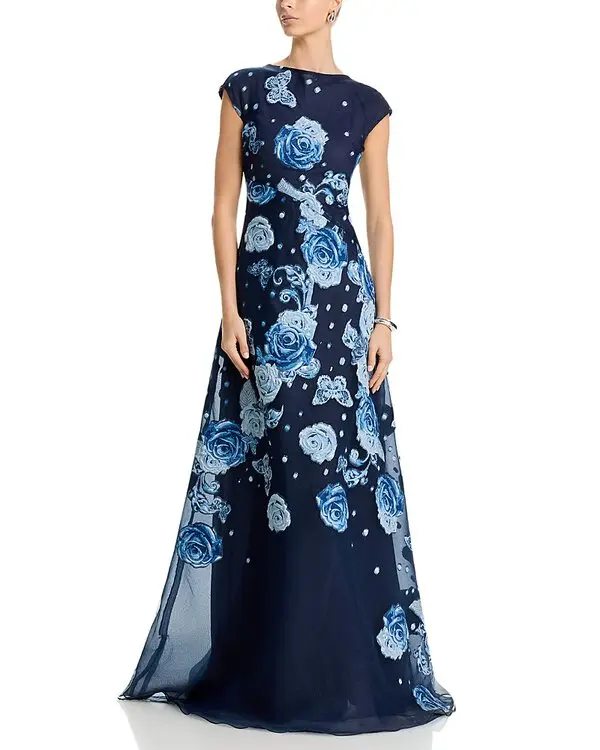Rickie Freeman For Teri Jon Organza Jacquard Diagonal Seam Gown