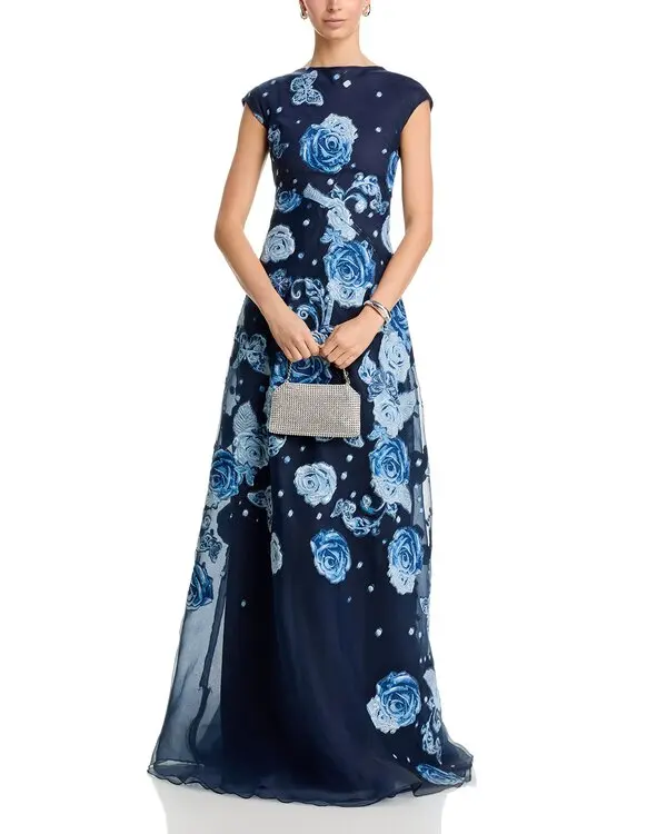 Rickie Freeman For Teri Jon Organza Jacquard Diagonal Seam Gown