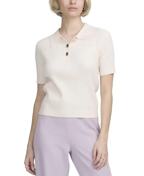 ELLE COLLECTION Fine Gauge Ribbed Henley - Ivory