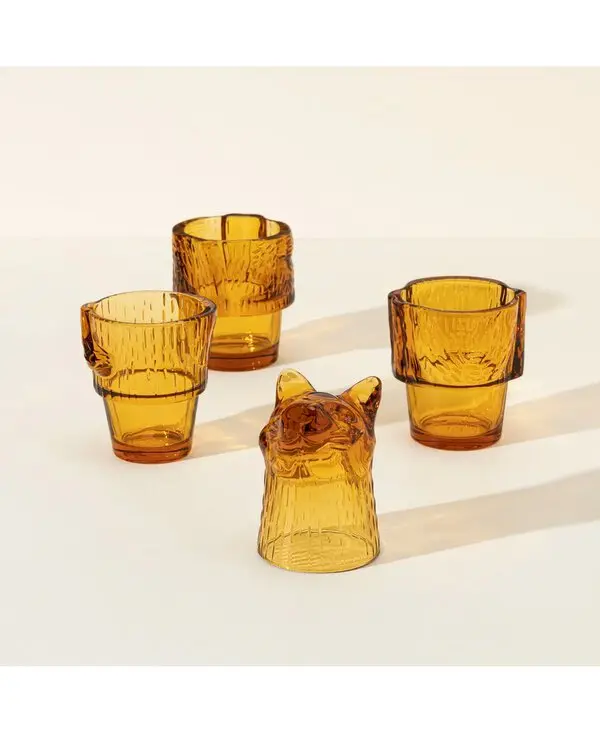UNCOMMON GOODS Amber Cat Stacking Glass Set, Set Of 4
