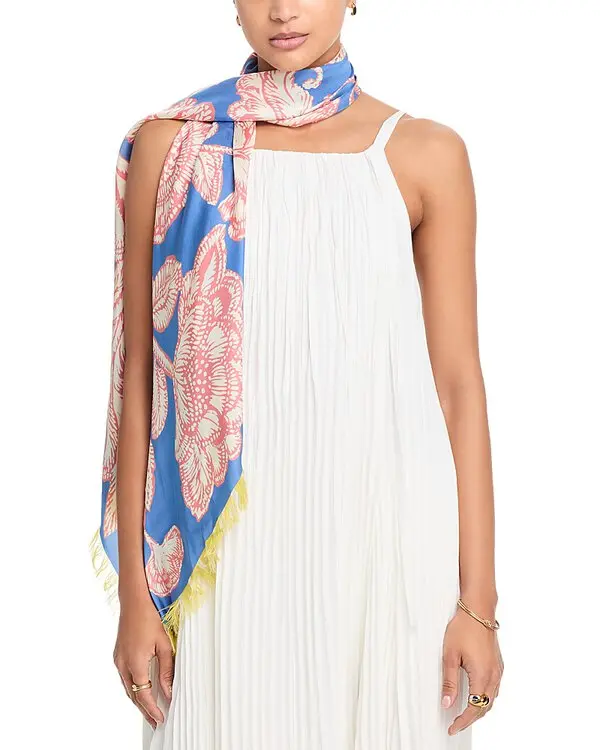 Echo Block Floral Oversized Silk Scarf - Chambray