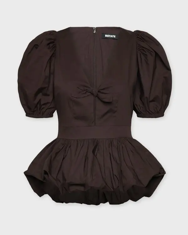 ROTATE BY BIRGER CHRISTENSEN Puff Sleeve Bubble Top With V-neckline And Front Tie Detail - Mole