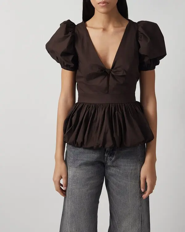 ROTATE BY BIRGER CHRISTENSEN Puff Sleeve Bubble Top With V-neckline And Front Tie Detail - Mole