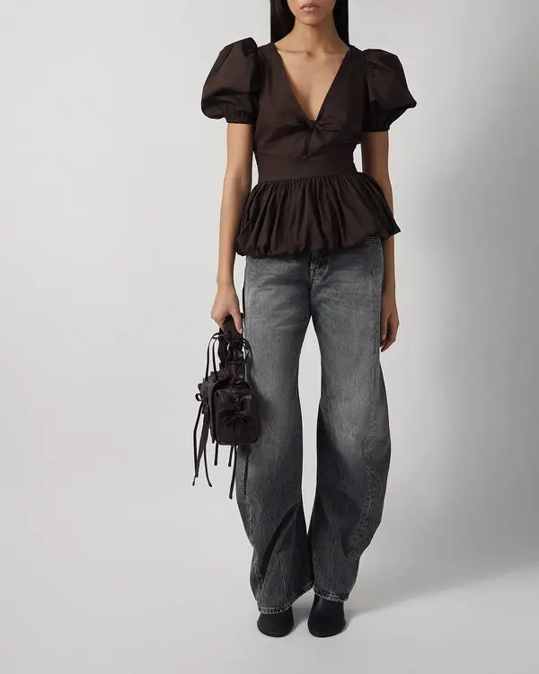 ROTATE BY BIRGER CHRISTENSEN Puff Sleeve Bubble Top With V-neckline And Front Tie Detail - Mole
