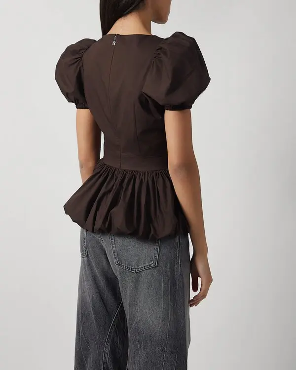 ROTATE BY BIRGER CHRISTENSEN Puff Sleeve Bubble Top With V-neckline And Front Tie Detail - Mole
