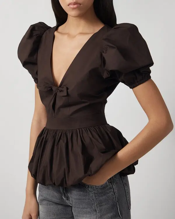 ROTATE BY BIRGER CHRISTENSEN Puff Sleeve Bubble Top With V-neckline And Front Tie Detail - Mole