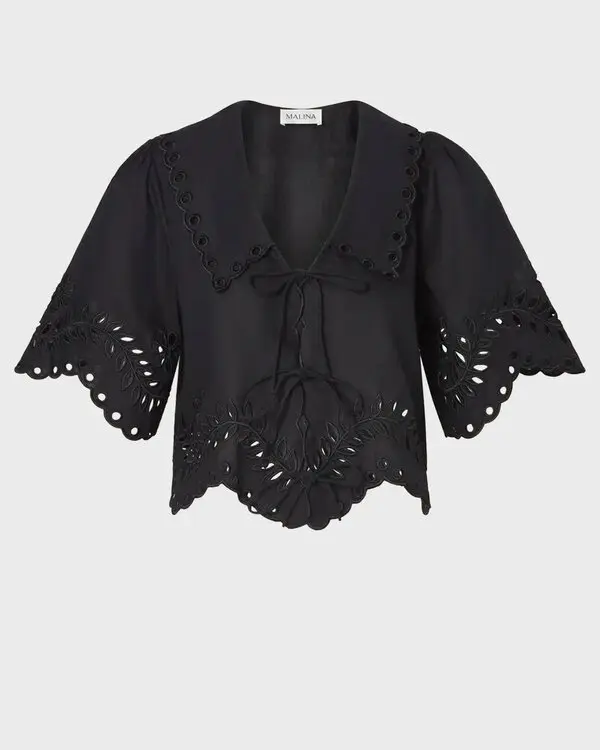 MALINA Estela Broderie Anglais Cropped Blouse - Black