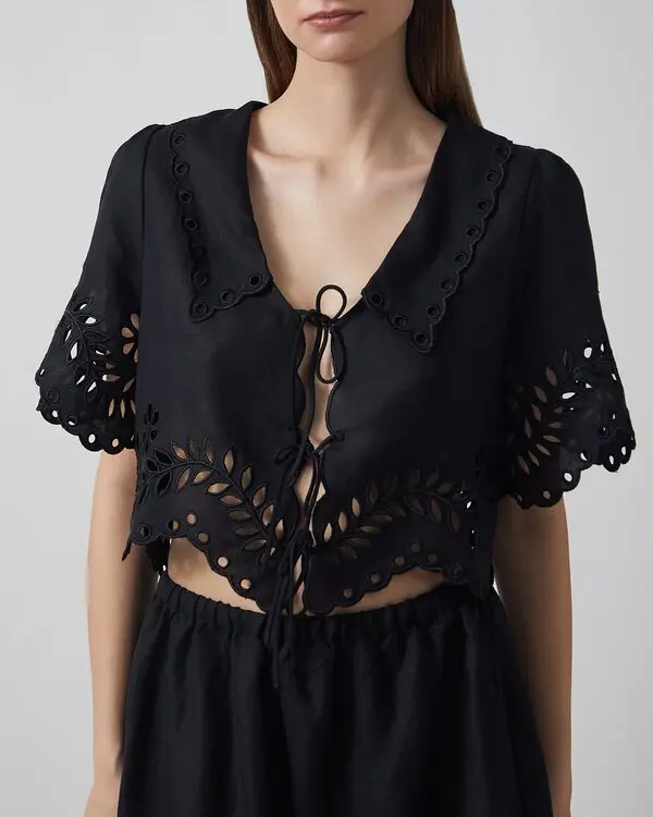 MALINA Estela Broderie Anglais Cropped Blouse - Black