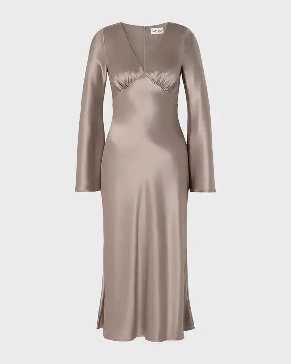 MALINA Carolina Flared Sleeve Satin Midi Dress