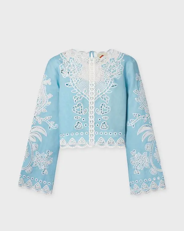 FARMRIO Farm Rio Romantic Richelieu Embroidered Linen Blouse