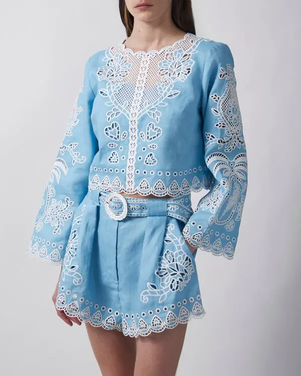 FARMRIO Farm Rio Romantic Richelieu Embroidered Linen Blouse