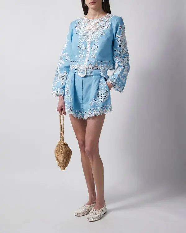 FARMRIO Farm Rio Romantic Richelieu Embroidered Linen Blouse