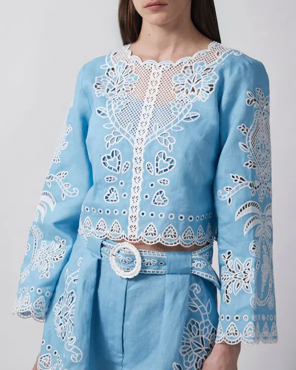 FARMRIO Farm Rio Romantic Richelieu Embroidered Linen Blouse