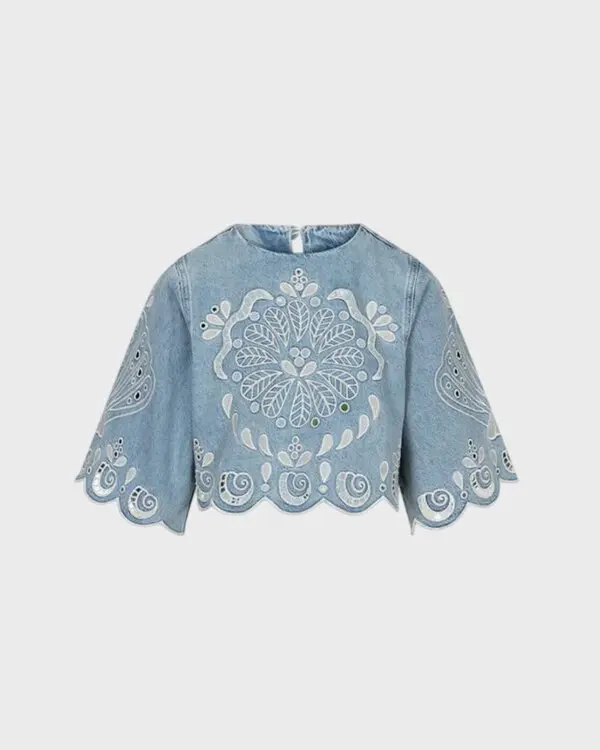 FARMRIO Cropped Richelieu Embroidered Blouse