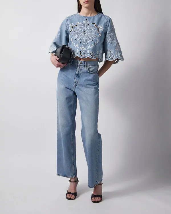 FARMRIO Cropped Richelieu Embroidered Blouse