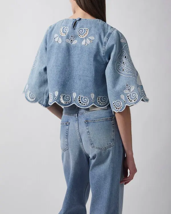 FARMRIO Cropped Richelieu Embroidered Blouse
