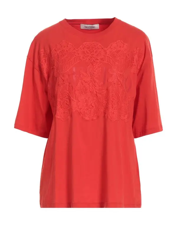 Valentino Garavani T-shirt With Lace Trims And Logo - Tomato Red