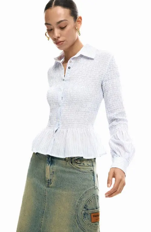 Desigual Stripe Smocked Peplum Button-up Shirt