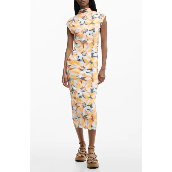 Desigual Floral Print Cap-sleeve Column Dress - Light Orange