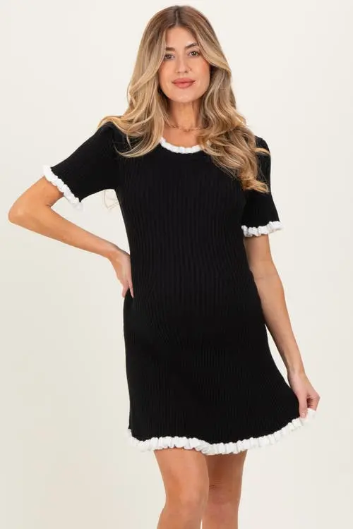 PINKBLUSH Ribbed Knit Ruffle Trim Maternity Mini Dress - Black