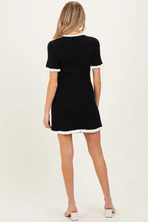 PINKBLUSH Ribbed Knit Ruffle Trim Maternity Mini Dress - Black