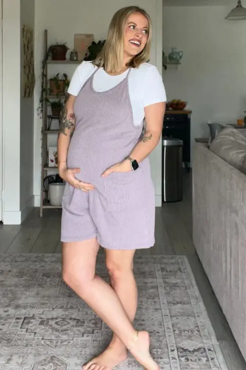 PINKBLUSH Solid Ribbed V-neck Sleeveless Front Pocket Romper