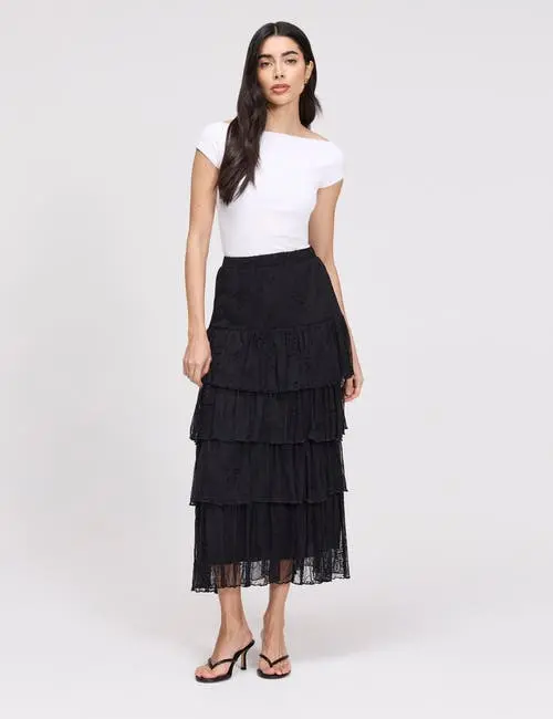 FINERY LONDON Elisa Mesh Midi Tiered Skirt