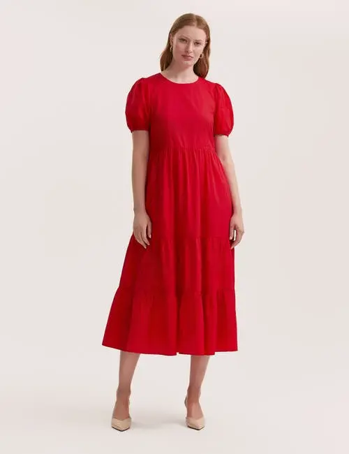 FINERY LONDON Genevive Cotton Midi Tiered Dress - Red