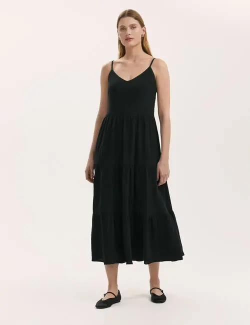 FINERY LONDON Emmie Cotton Strappy Midi Tiered Dress - Black