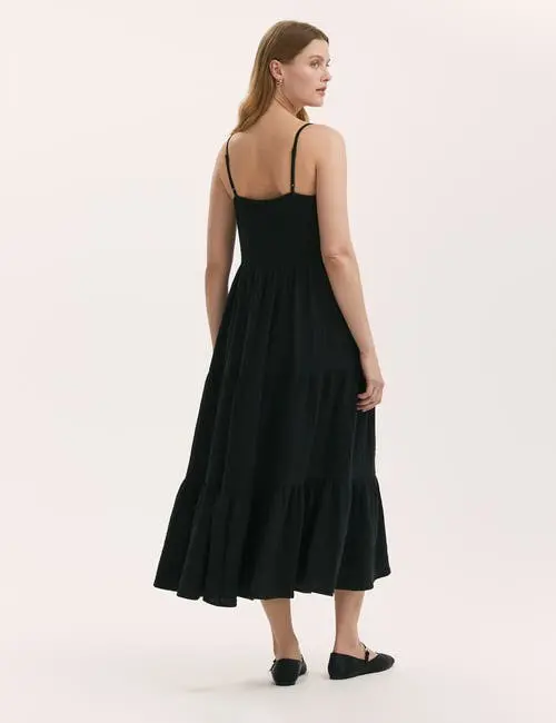 FINERY LONDON Emmie Cotton Strappy Midi Tiered Dress - Black