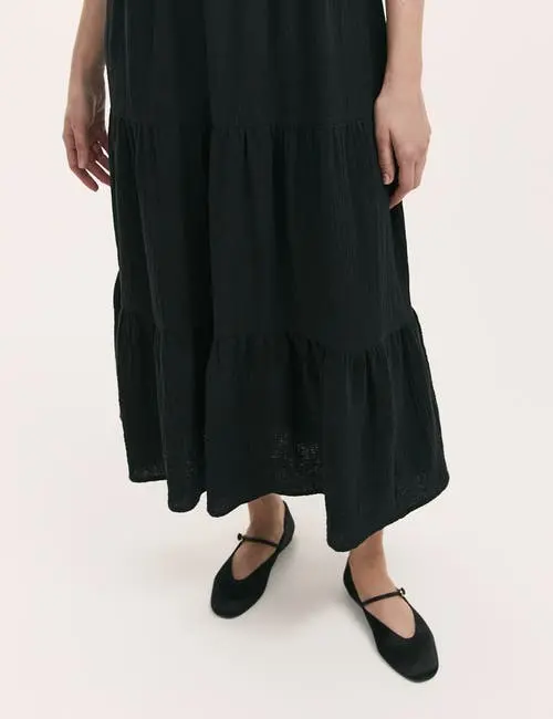 FINERY LONDON Emmie Cotton Strappy Midi Tiered Dress - Black