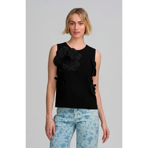 ELLE COLLECTION Floral Applique Shell - Black