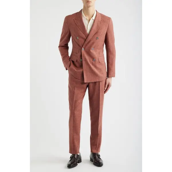BOSS Heston Slim Fit Brown Slub Wool Blend Peak Lapel Double Breasted Suit