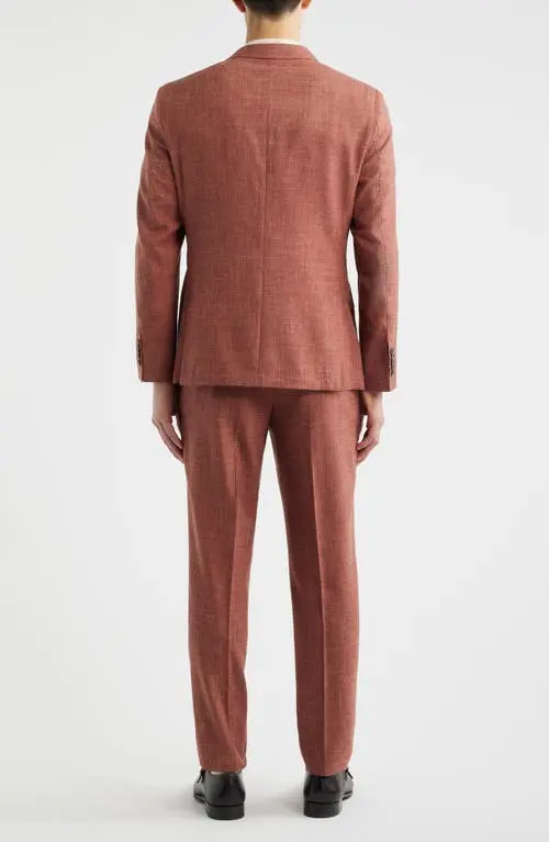 BOSS Heston Slim Fit Brown Slub Wool Blend Peak Lapel Double Breasted Suit