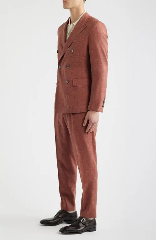 BOSS Heston Slim Fit Brown Slub Wool Blend Peak Lapel Double Breasted Suit