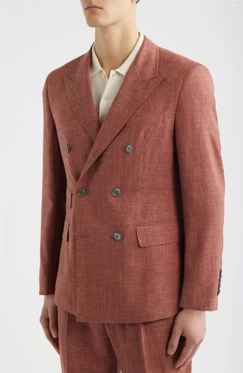 BOSS Heston Slim Fit Brown Slub Wool Blend Peak Lapel Double Breasted Suit