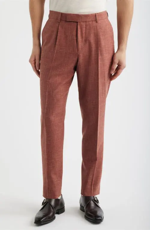 BOSS Heston Slim Fit Brown Slub Wool Blend Peak Lapel Double Breasted Suit