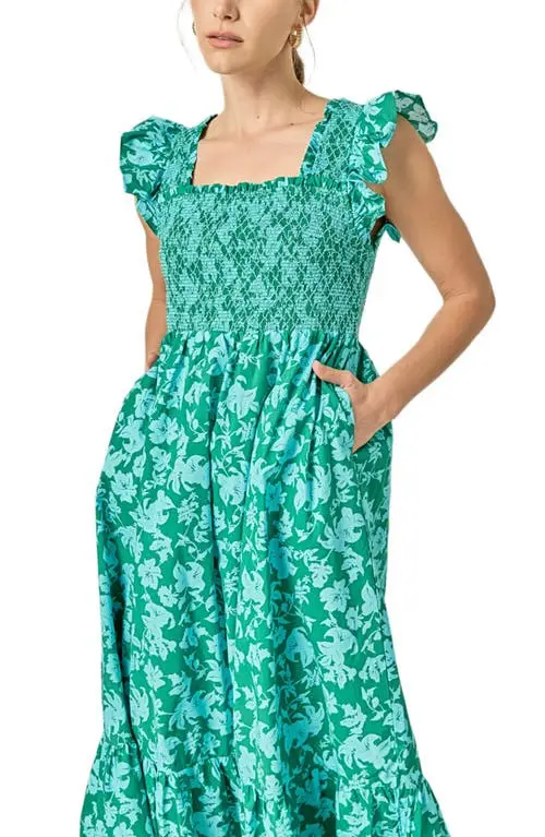 English Factory Printed Smocked Cotton Midi Dress