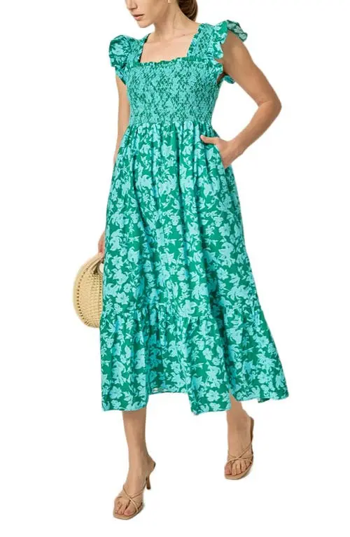 English Factory Printed Smocked Cotton Midi Dress