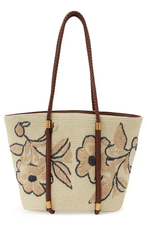 REISS Rae Embroidered Straw Tote - Natural