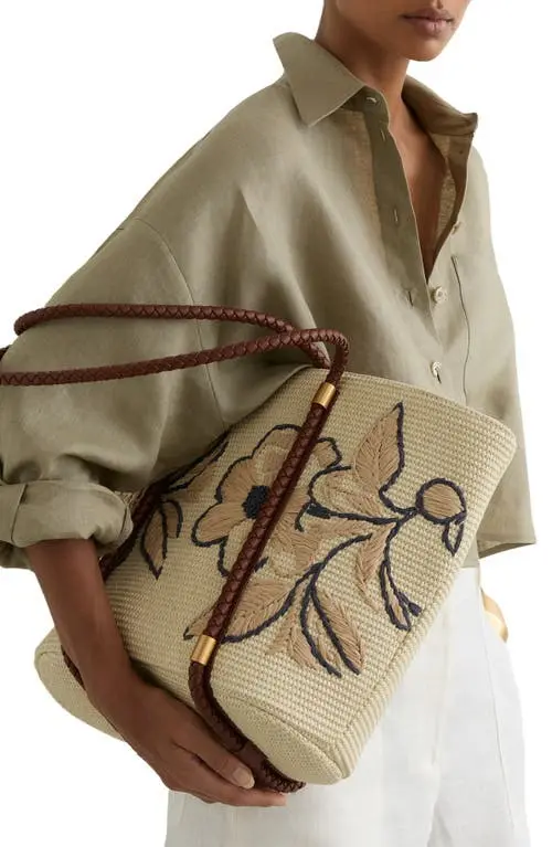 REISS Rae Embroidered Straw Tote