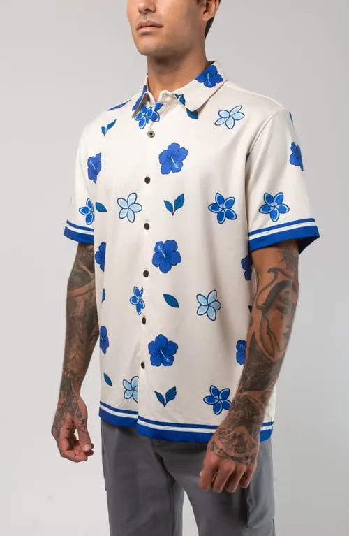 VAST Aqua Terra Floral Dream Tech Short Sleeve Performance Button-up Shirt - Sand Multi
