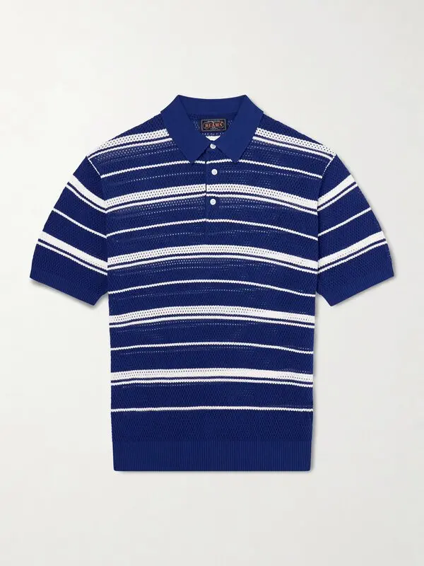 BEAMS Striped Knitted Cotton Polo Shirt - Blue