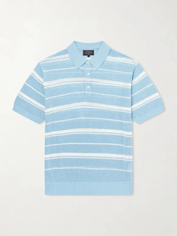 BEAMS Striped Knitted Cotton Polo Shirt - Blue
