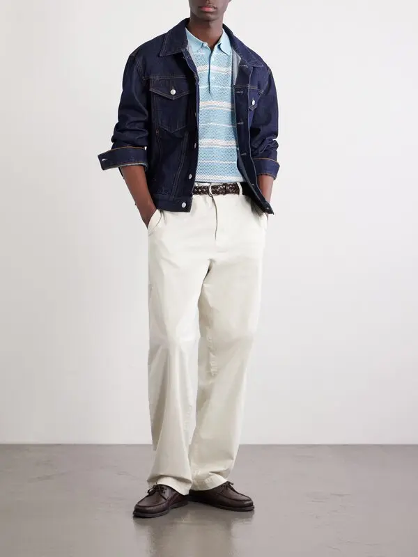 BEAMS Striped Knitted Cotton Polo Shirt - Blue