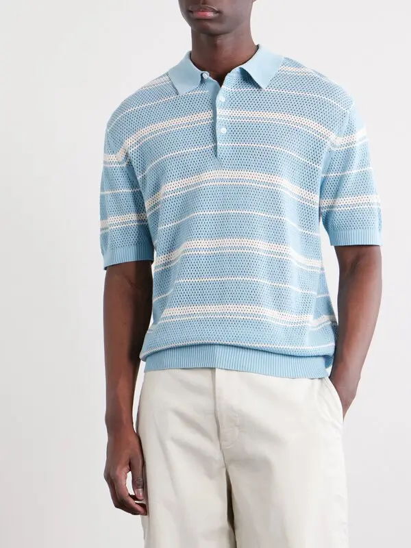 BEAMS Striped Knitted Cotton Polo Shirt - Blue