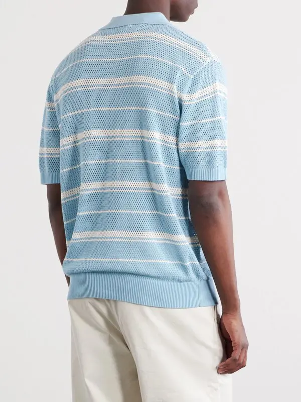 BEAMS Striped Knitted Cotton Polo Shirt - Blue
